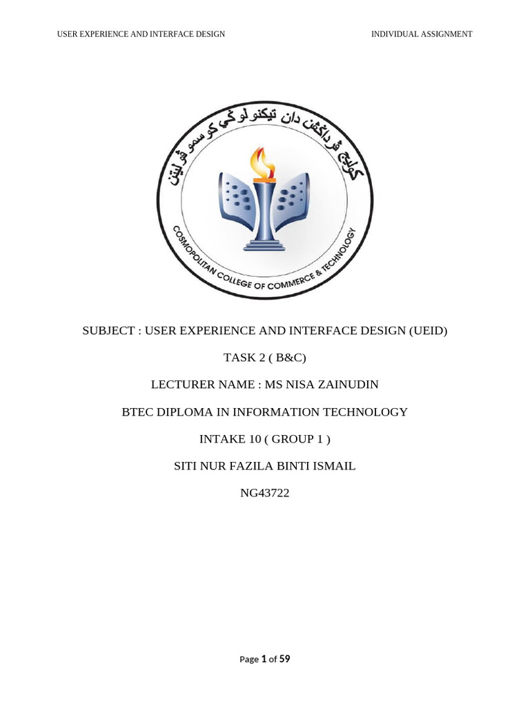 l5 - It10 - g1 - Siti Nur Fazila Binti Ismail - Task B & C - Ueid | PDF | Customer Experience ...