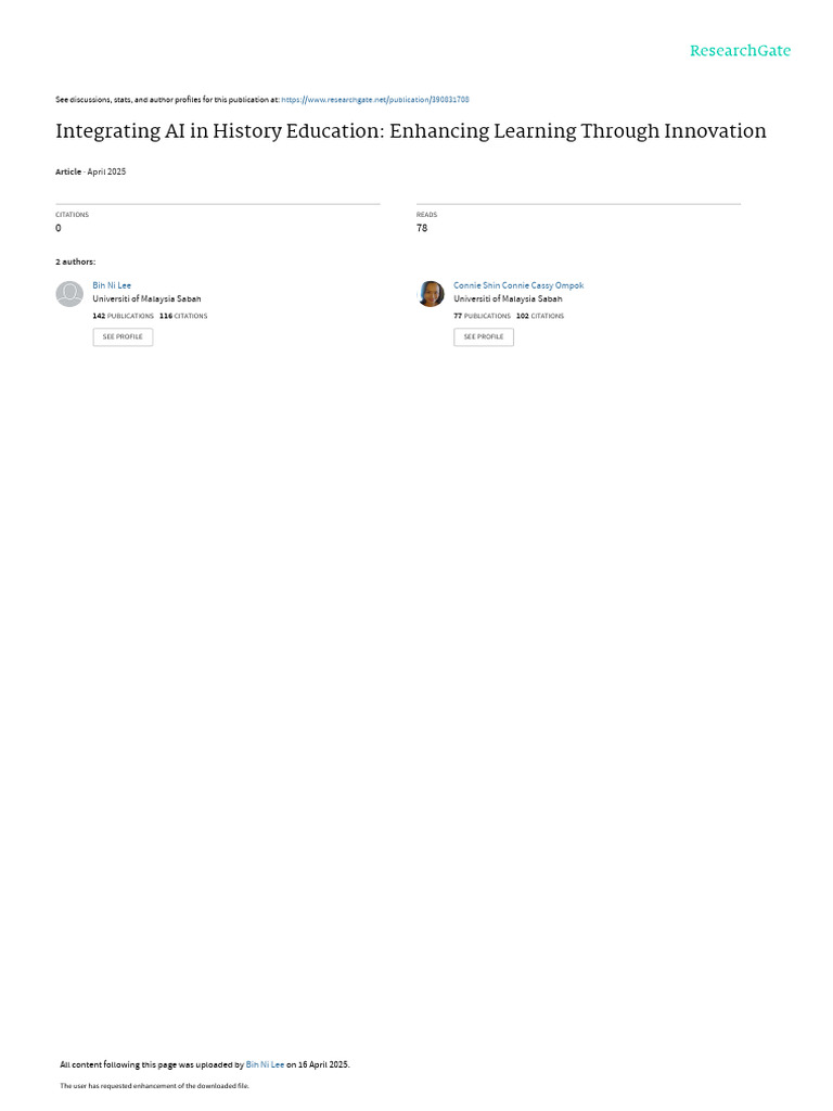 Integrating AI in History Education Enhancing Learning Through Innovation | PDF | Artificial ...