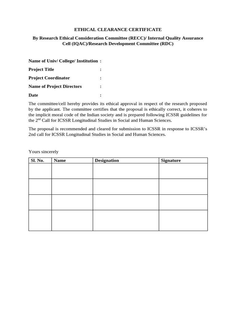 Ethical Clearance Certificate | PDF