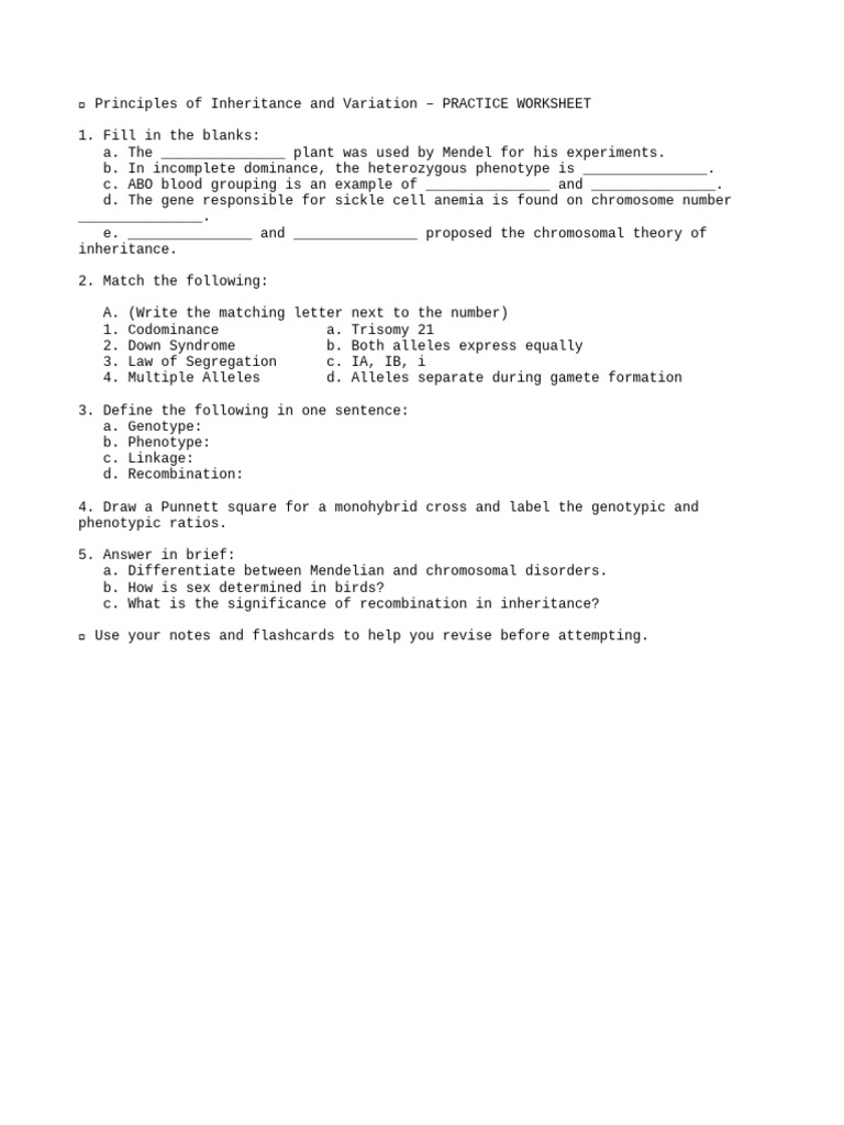 Inheritance Practice Worksheet | PDF