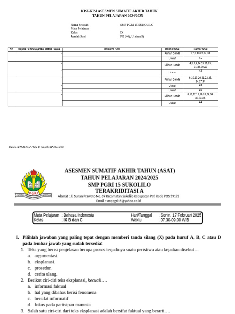 Format Soal PAT Kls 9 Semester Genap 2024-2025 | PDF