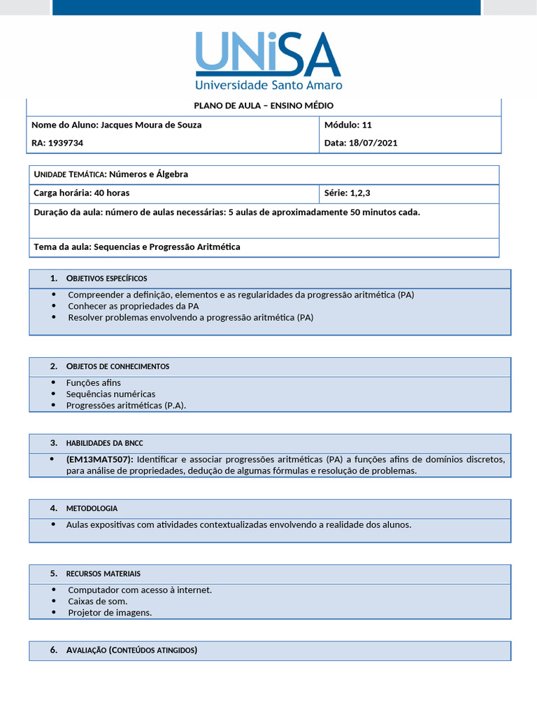 1.05..4-Plano de Aula - Ensino Médio Sequencia | PDF
