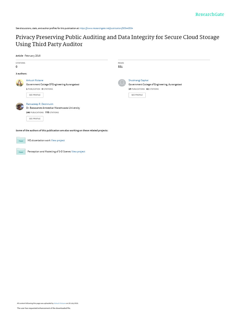 Privacy Preserving Public Auditing and Data Integrity For Secure Cloud Storage Using Third Party ...