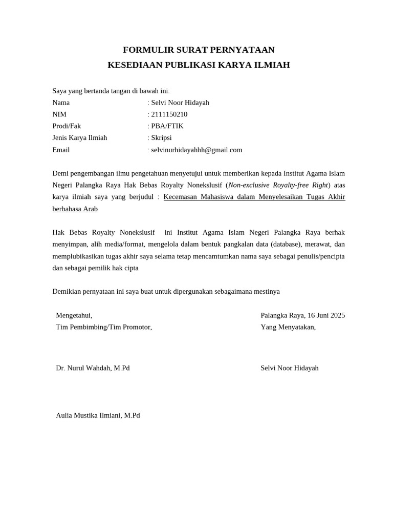 Surat Pernyataan Publikasi Karya Ilmiah | PDF