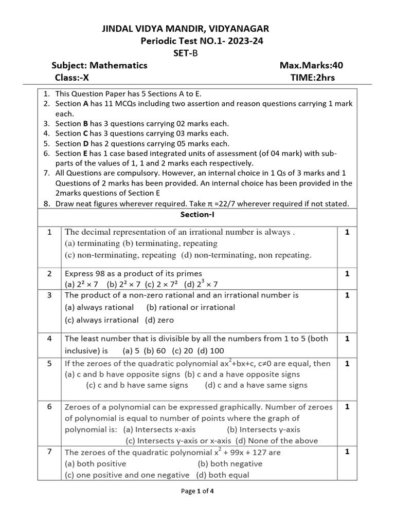 Class X Mathematics Periodic Test 2023-24 | PDF | Quadratic Equation ...