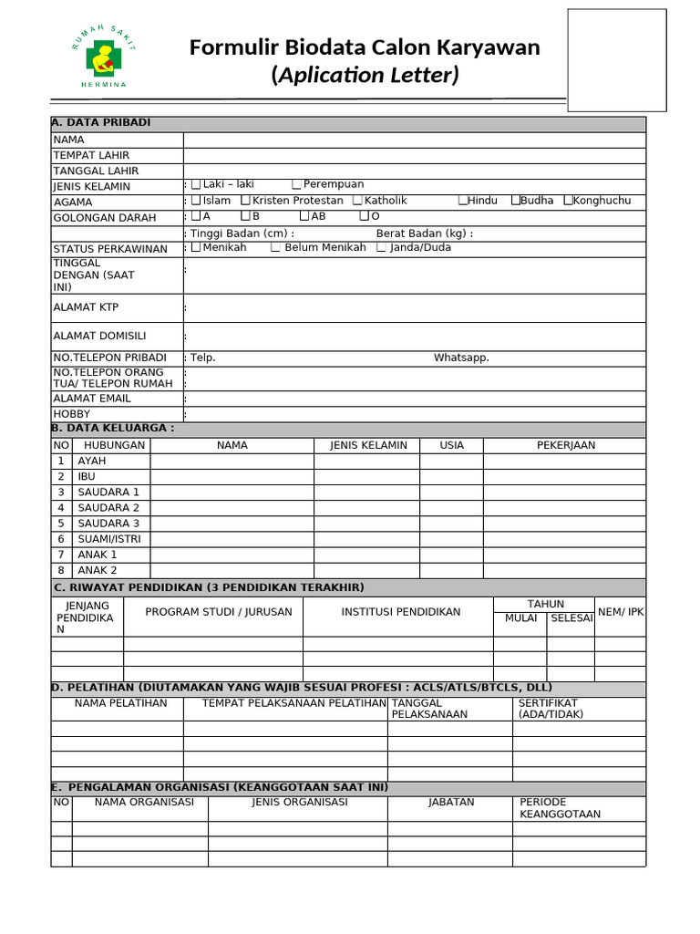 Form Biodata Calon Karyawan RS Hermina | PDF