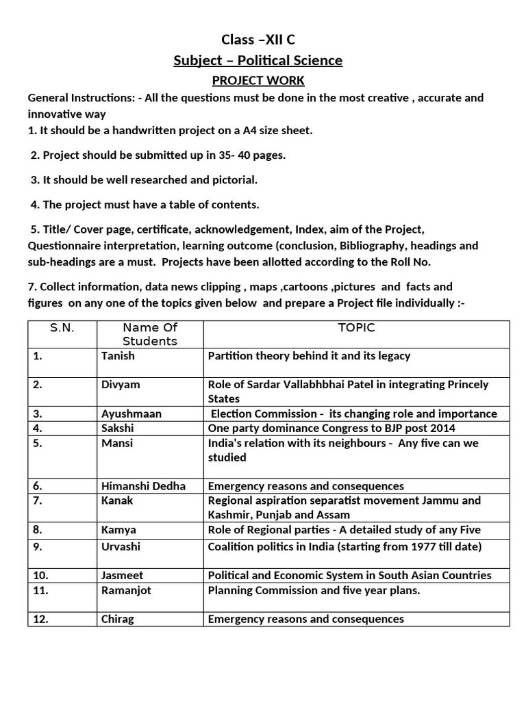 Class 12 Political Science Project Topics | PDF