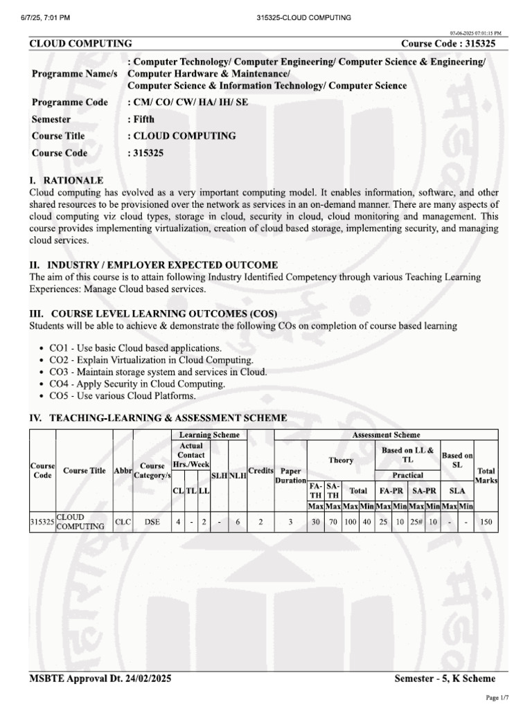 CLOUD COMPUTING Syllabus | PDF