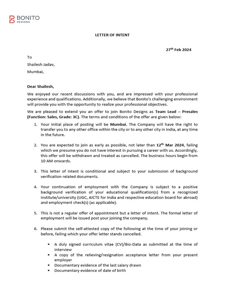 Shailesh - Letter of Intent | PDF