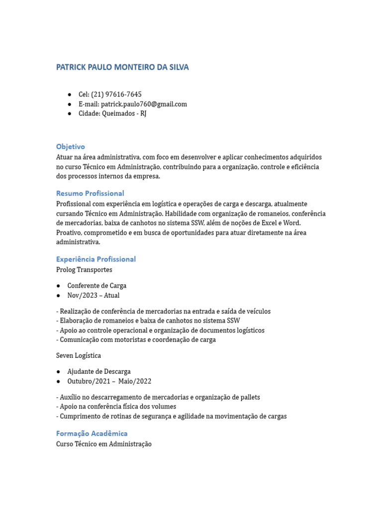 Curriculo Patrick Paulo Monteiro Da Silva | PDF