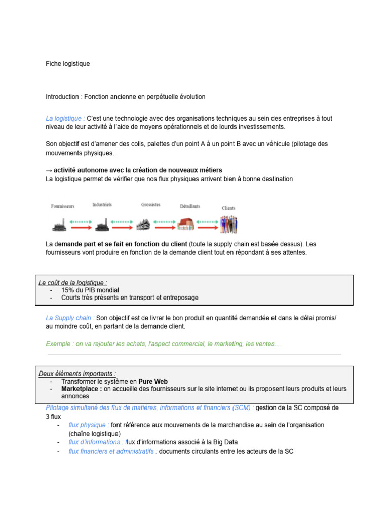 Fiche Logistique et Supply Chain | PDF | Logistique | Stock