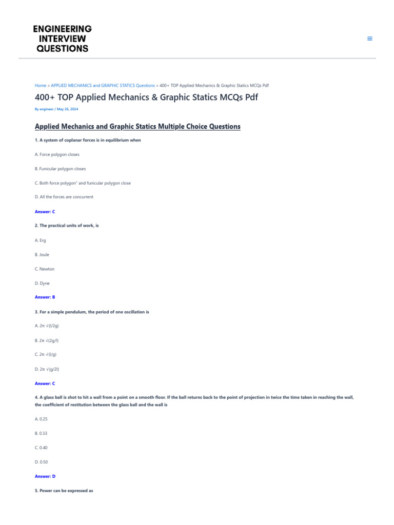 Applied Mechanics & Graphic Statics MCQs | PDF | Force | Rotation
