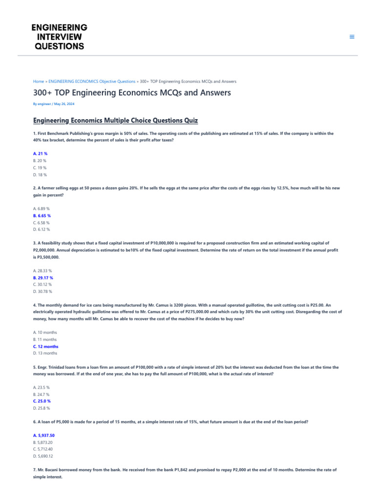Engineering Economics MCQs | PDF | Depreciation | Bonds (Finance)