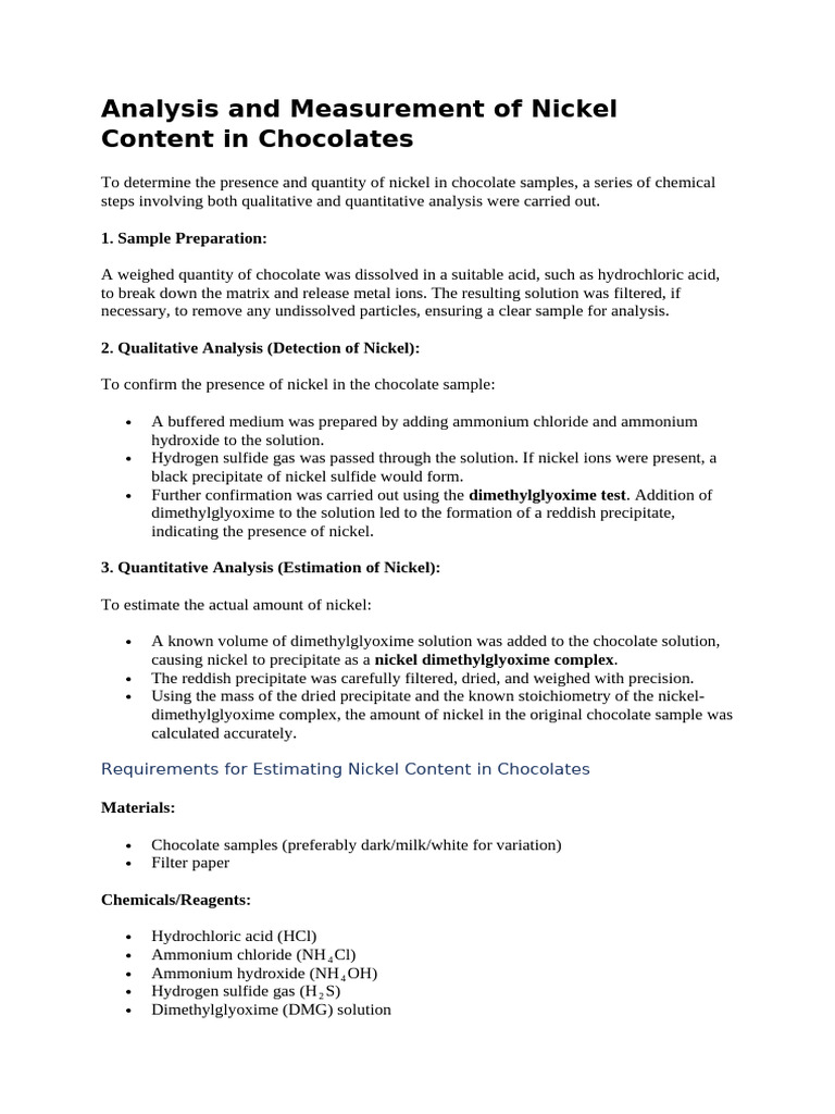Nickel Detection in Chocolate Samples | PDF | Chemistry | Chemical ...