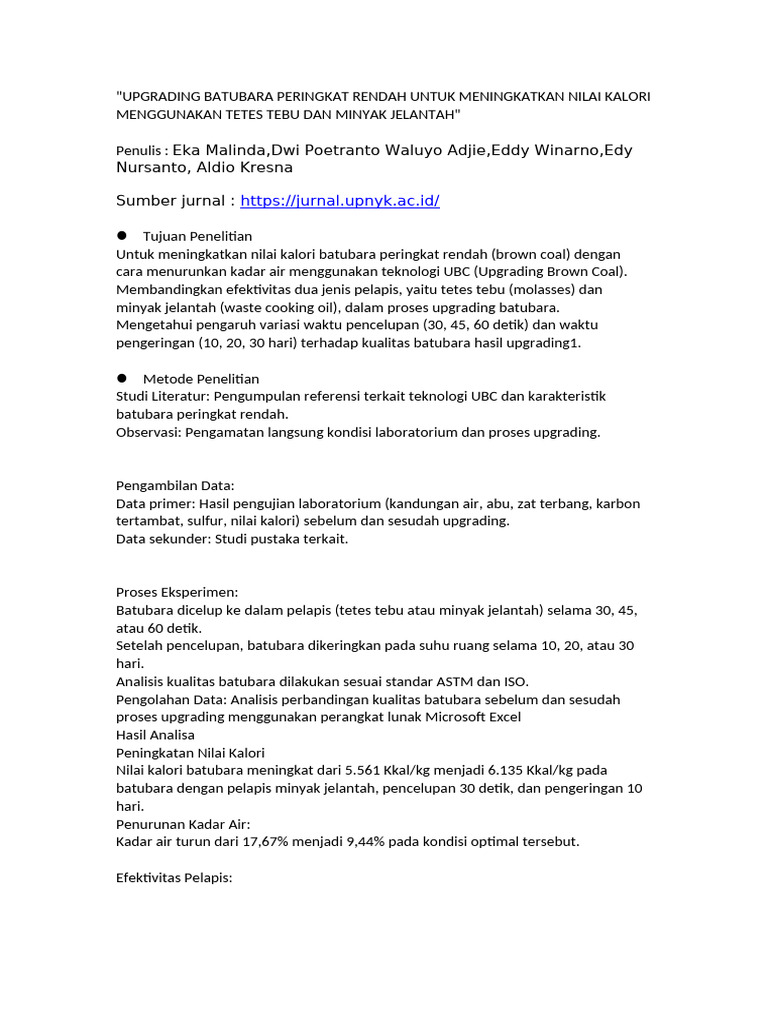 Upgrading Batubara Peringkat Rendah Untuk Meningk | PDF