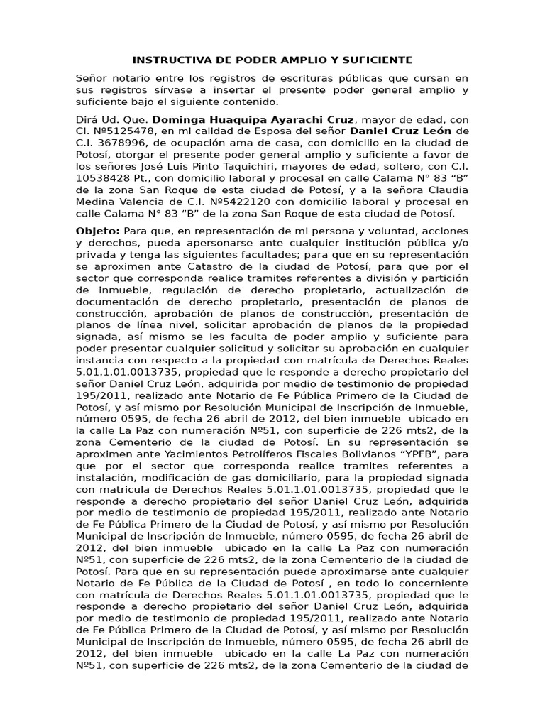 Instructiva de Poder Amplio y Suficiente - Dominga | PDF | Propiedad ...