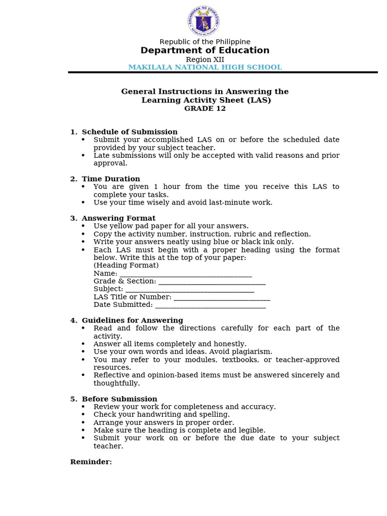 Grade 11 LAS General Instructions | PDF