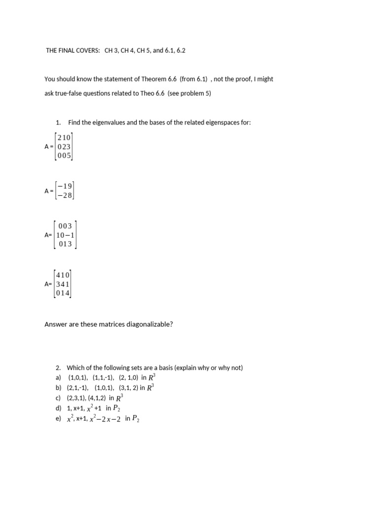 25 Linear Algebra Final Review | PDF