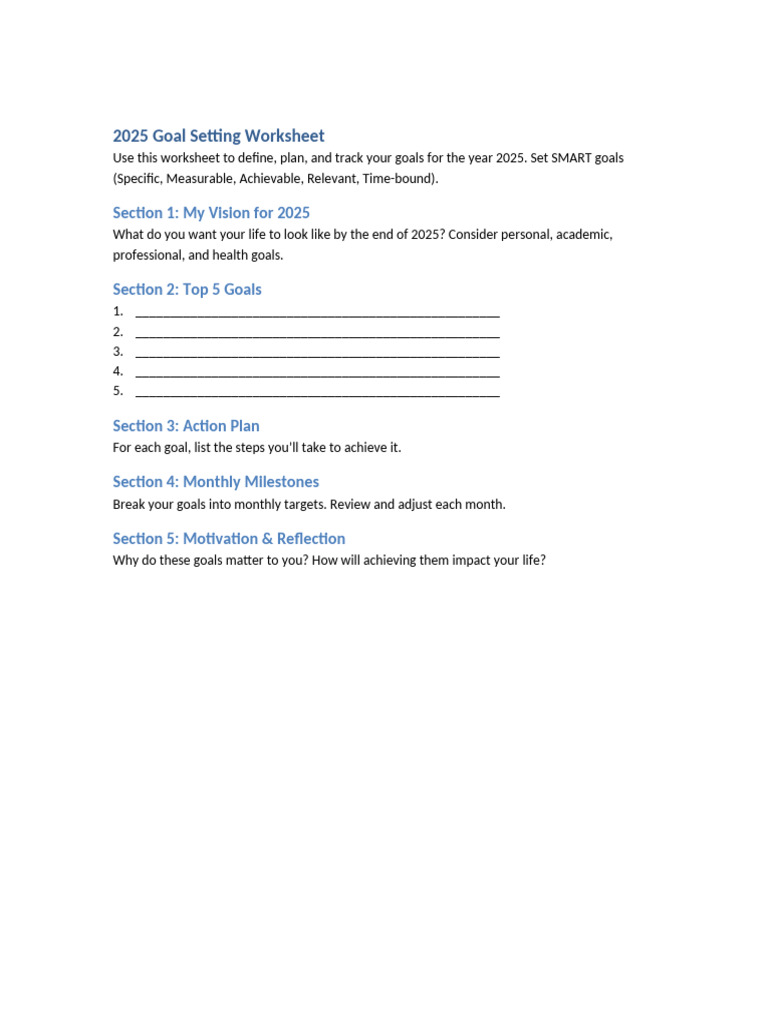 2025 Goal Setting Worksheet | PDF