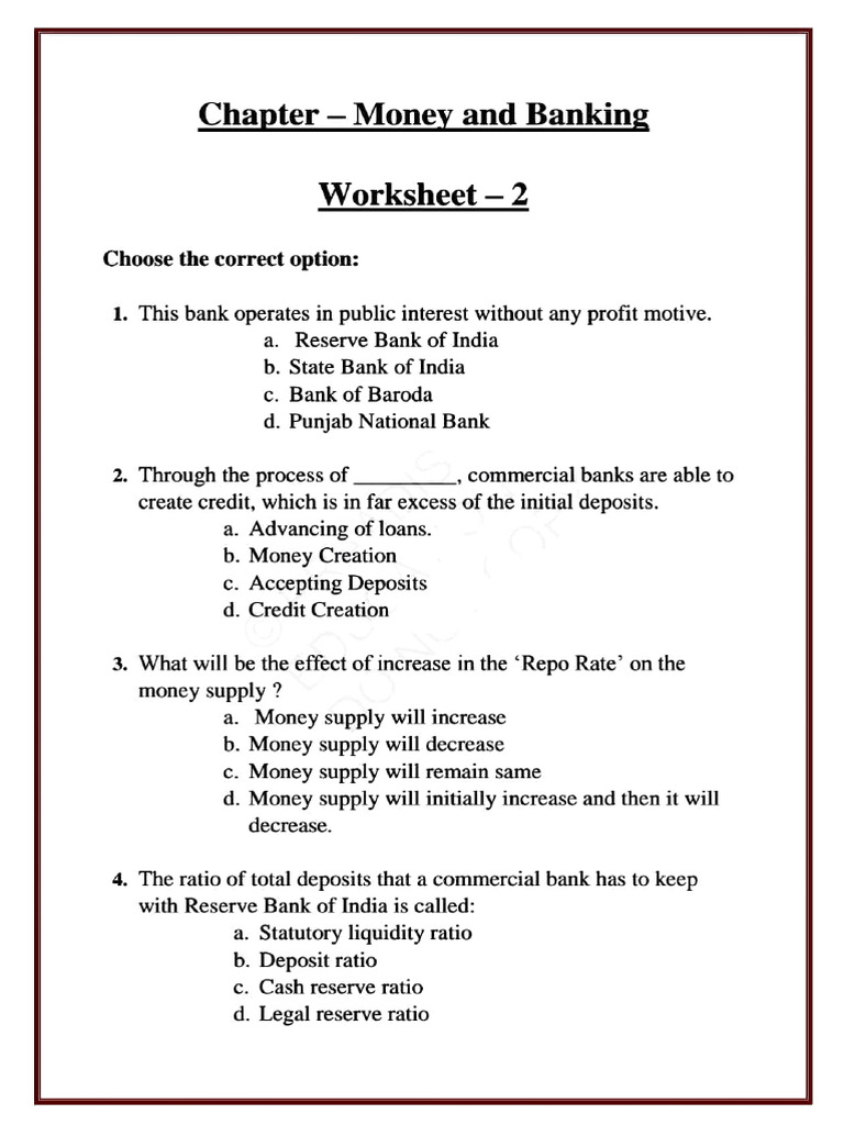 Money and Banking Worksheet Quiz | PDF | Banks | Repurchase Agreement