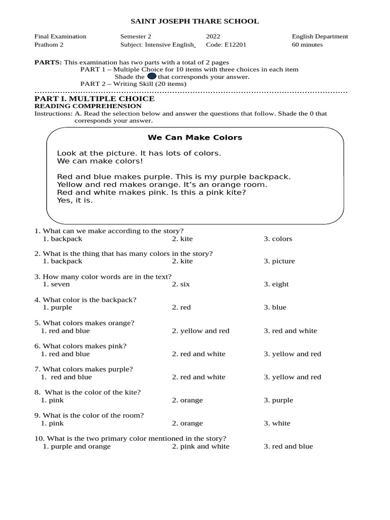 2nd Semester FINAL EXAM Intensive English 2 | PDF