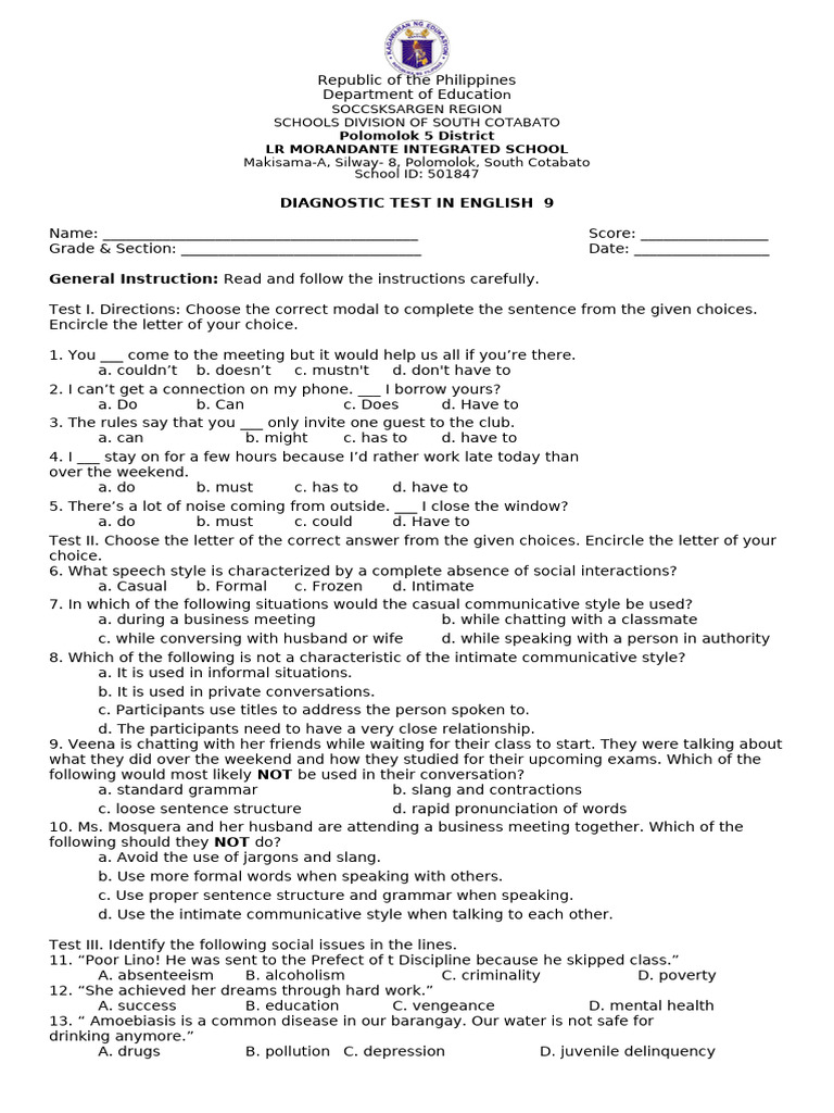 Diagnostic Test English 9 2022-2023 | PDF | Martin Luther King Jr.