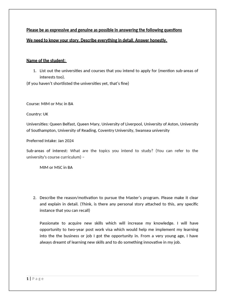 SoP Questionnaire New - Blank (1) 2 | PDF | Learning