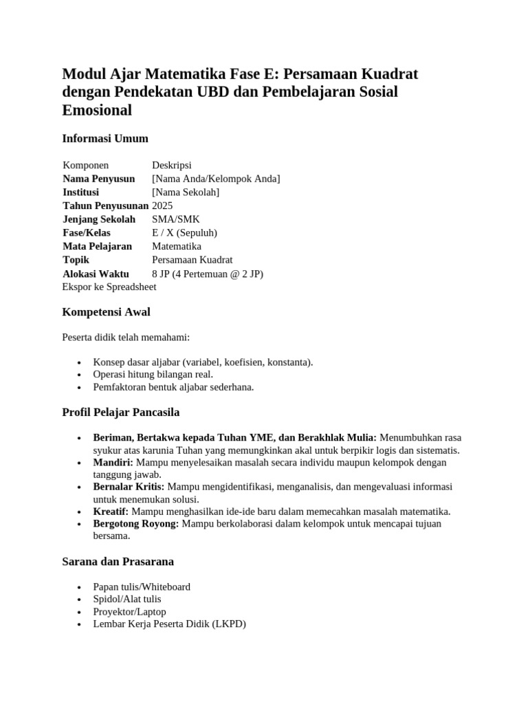 Modul Ajar Persamaan Kuadrat Fase E | PDF