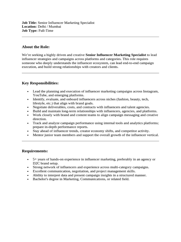 SR Influencer Specialist JD | PDF