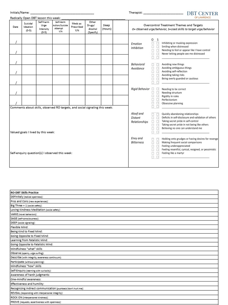 RO-DBT Diary Card Template | PDF | Dialectical Behavior Therapy ...