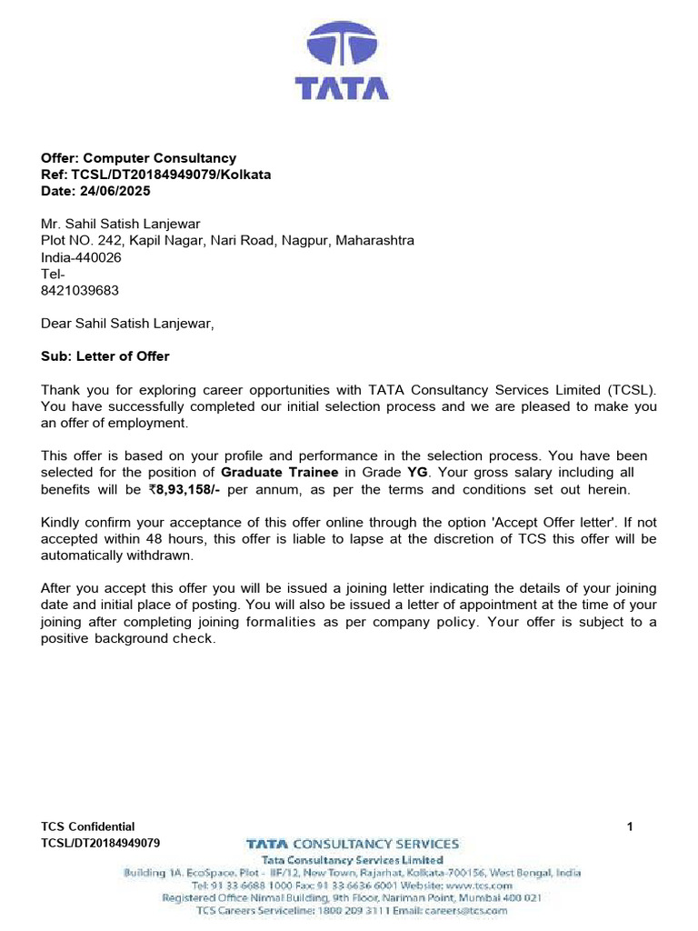 TCS Offer Letter PDF | PDF | Arbitration | Intellectual Property