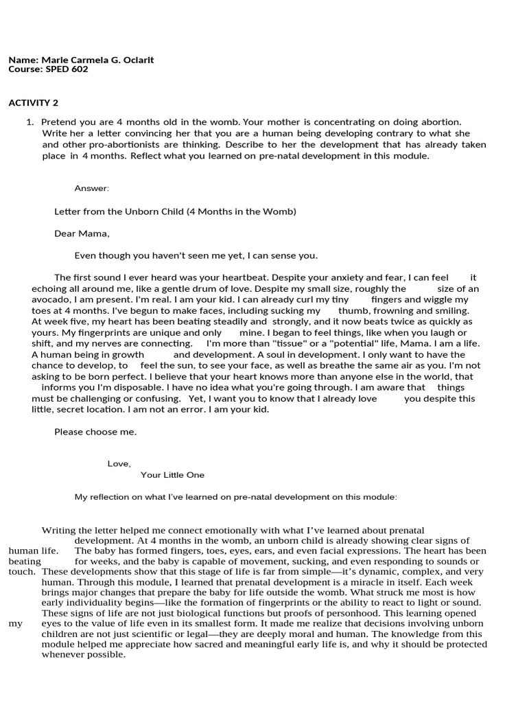 Activity 2 - SPED 602 - Prenatal Development. - Oclarit, Marie Carmela | PDF | Medical ...