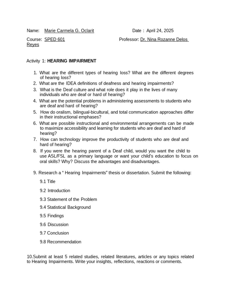 HI and VI - Oclarit - Marie Carmela | PDF | Visual Impairment | Hearing Loss