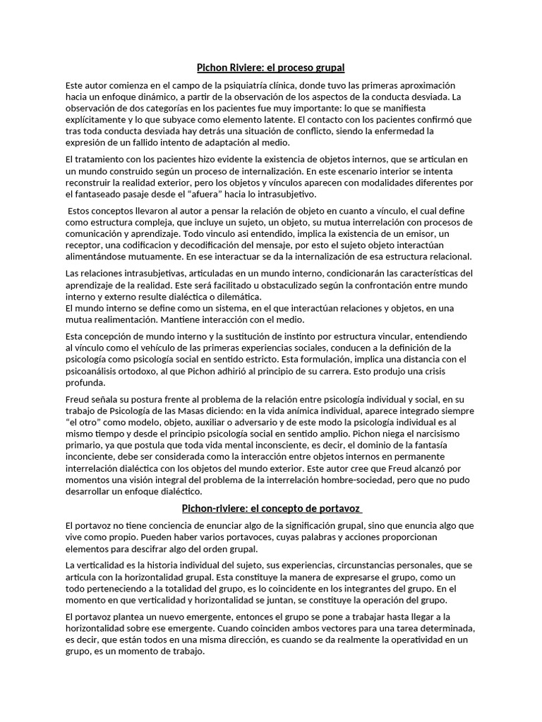 Pichon Riviere - El Proceso Grupal Resumen | PDF | Sicología | Aprendizaje