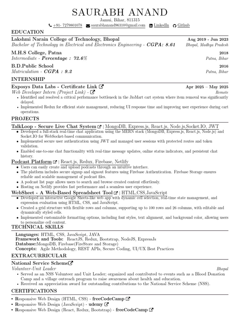 Saurabh Anand Resume 2025 | PDF | Web Design | Java Script