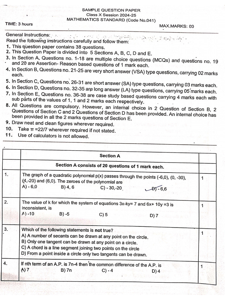 X-Maths (Sample Paper) | PDF