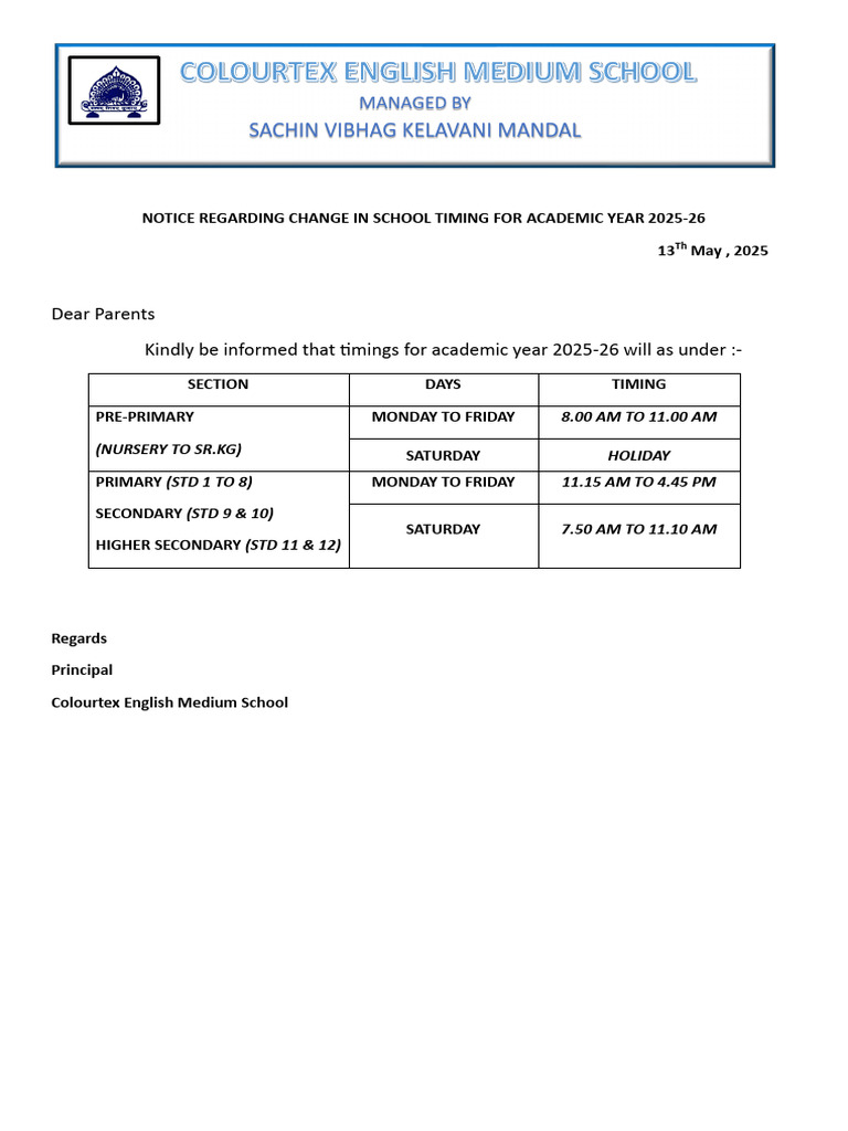 School Timing Change Notice 2025-26 | PDF