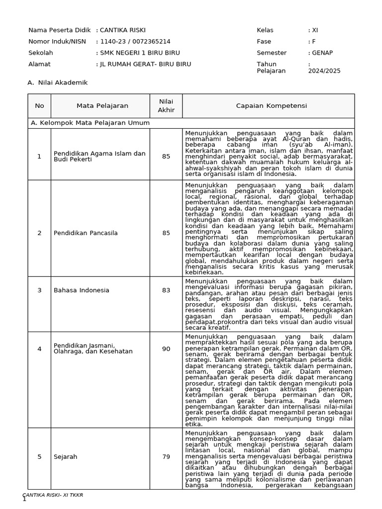 Raport Kurmer Xi TKKR Genap | PDF