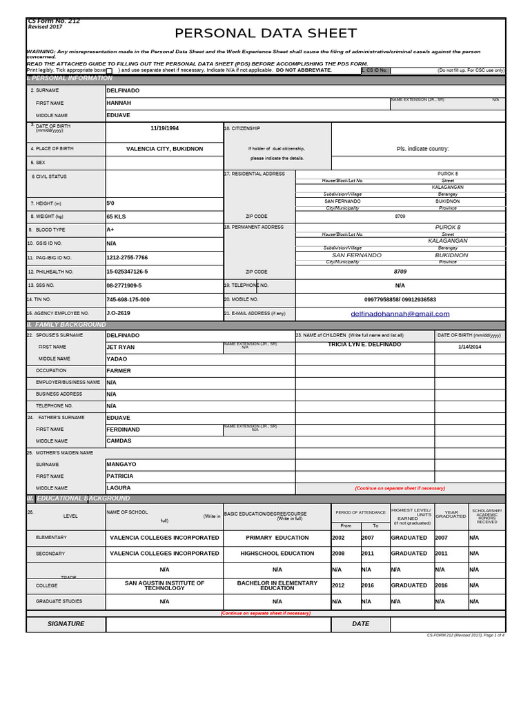 CS Form No. 212 Personal Data Sheet Revised HANNAH | PDF | Government