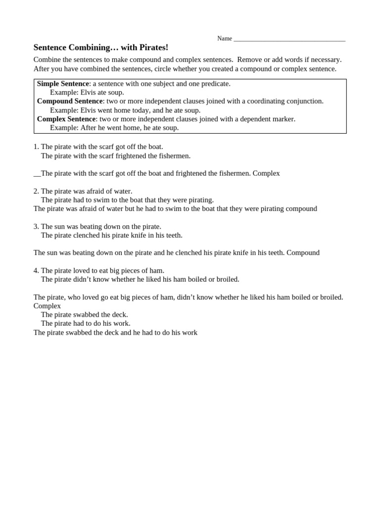 Sentence Combining With Pirates WORKSHEET | PDF