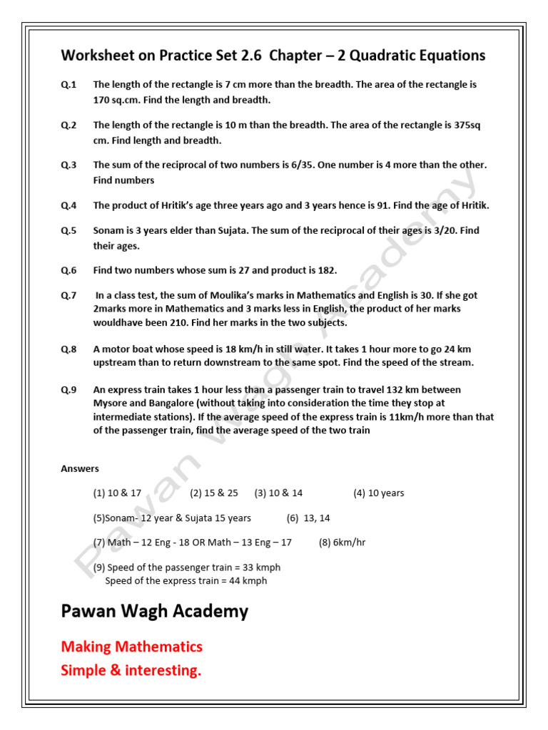 Practice Set 2.6 Quadratic Equations | PDF