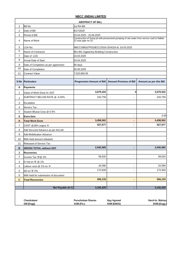 NBCC 1st RA Bill for Sump Pit Construction | PDF | Concrete | Cement