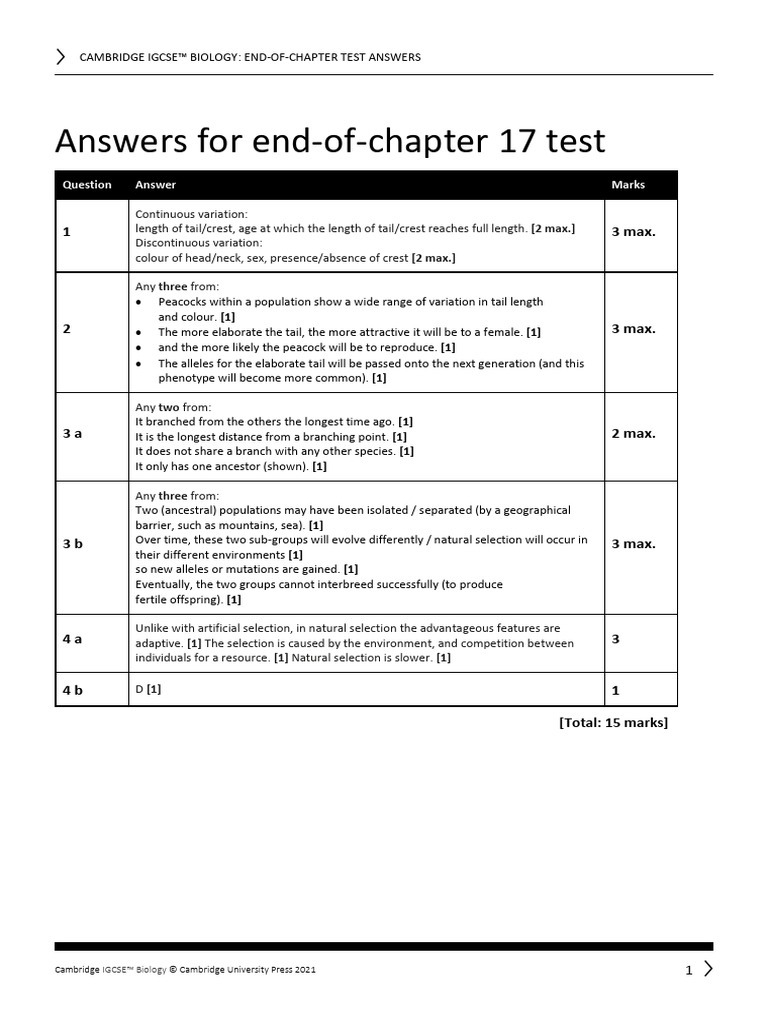 Cambridge IGCSE Biology Test Answers | PDF | Natural Selection | Genetics