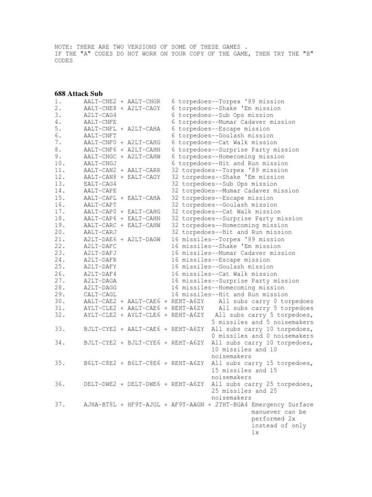 Cheats and Codes for 688 Attack Sub and Other Games | PDF | Ammunition ...