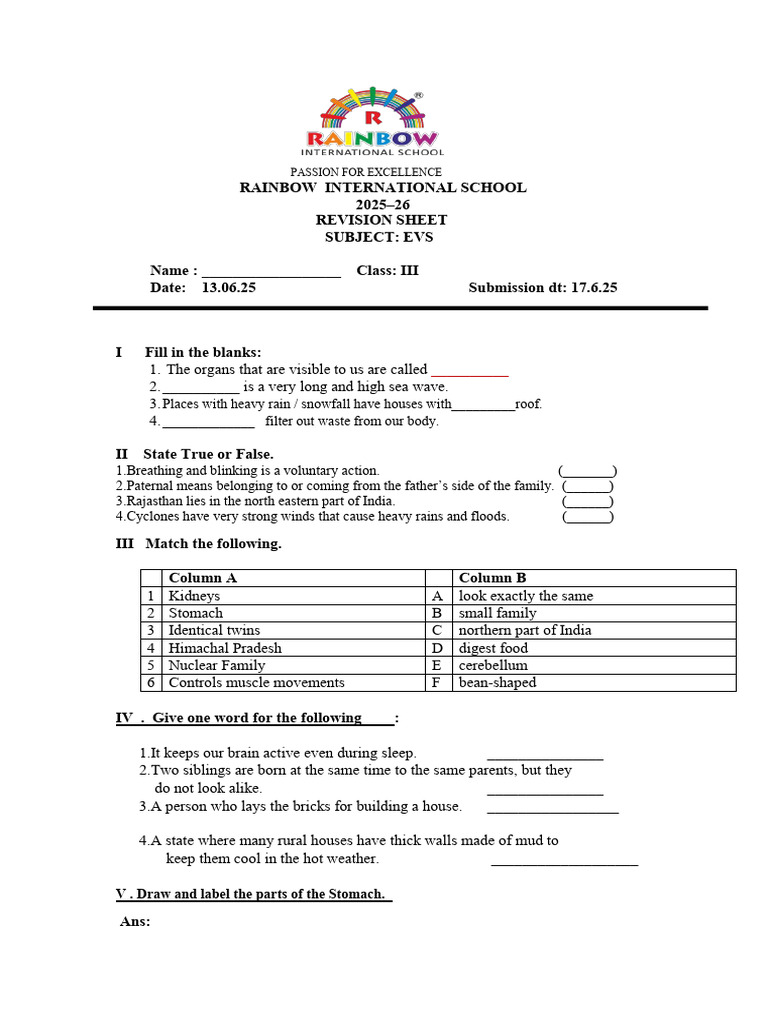 Evs Revision Sheet 2025-2026 | PDF