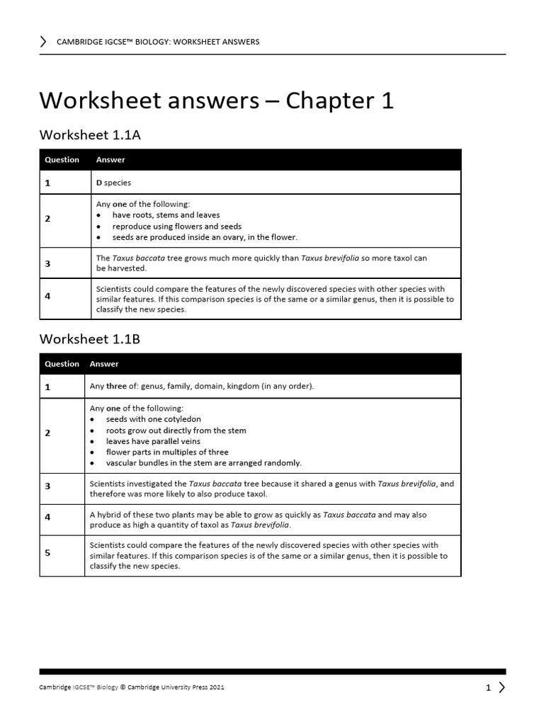 Igcse Biology 4ed TR Ws Answers 1 | PDF | Species | Flowers