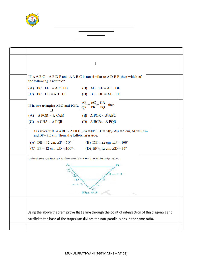 Class 10 TRIANGLE SHEET | PDF | Euclidean Plane Geometry | Elementary Mathematics
