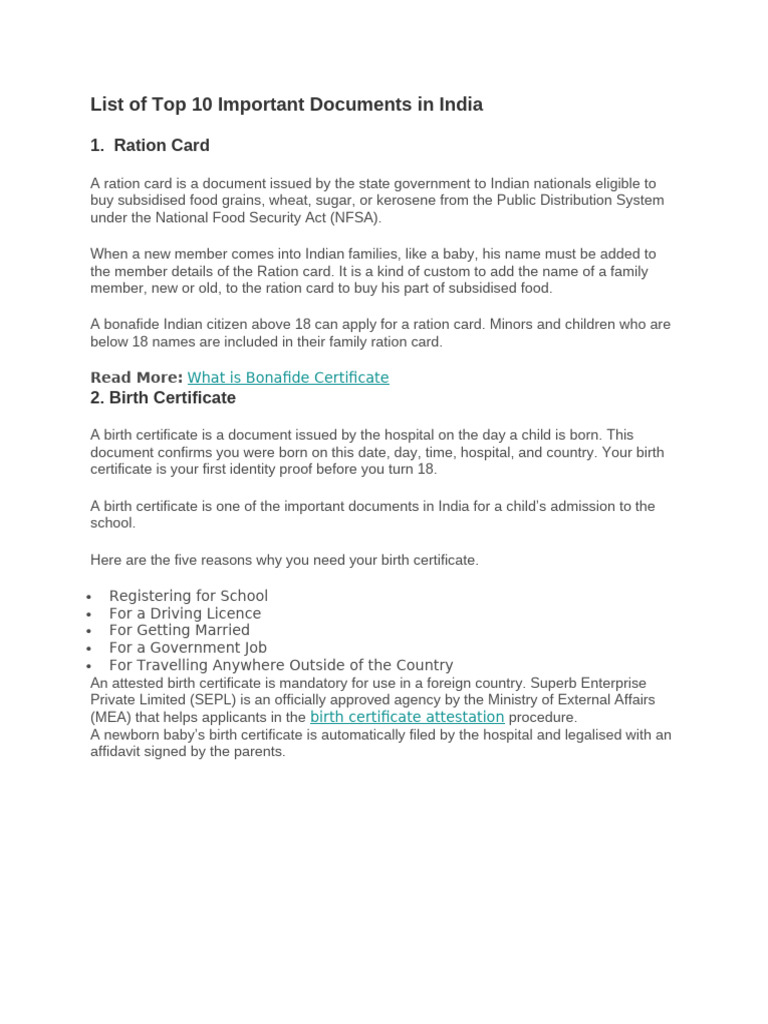 Top 10 Essential Documents in India | PDF