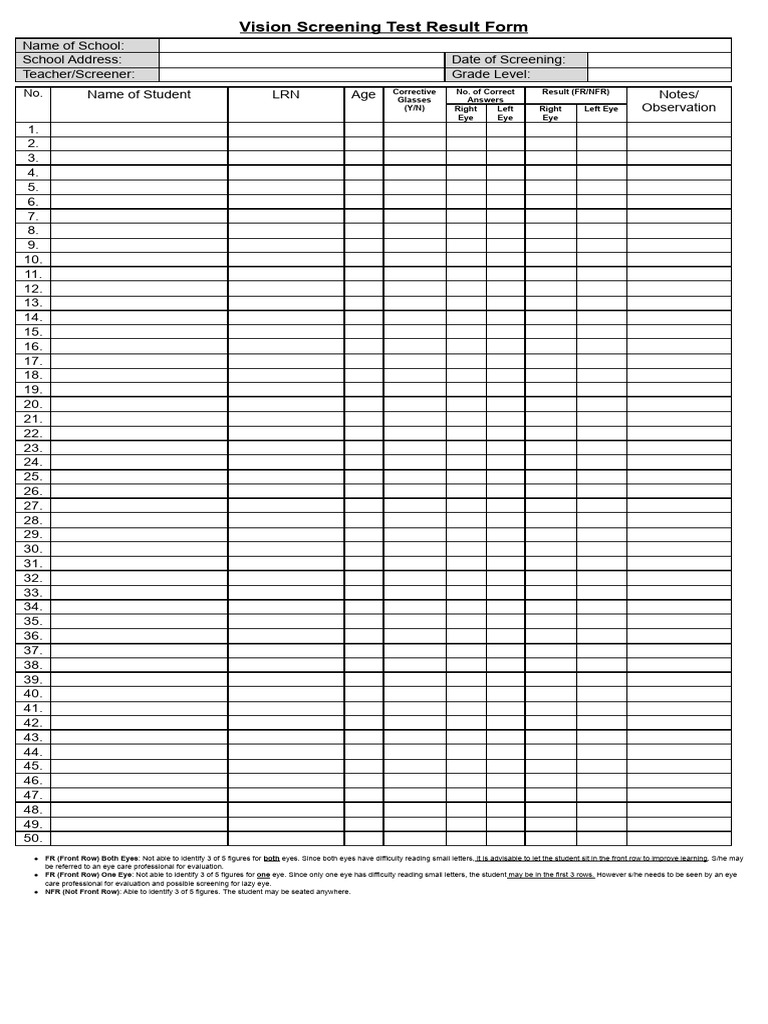 Vision Screening Test Result Form Screeners | PDF