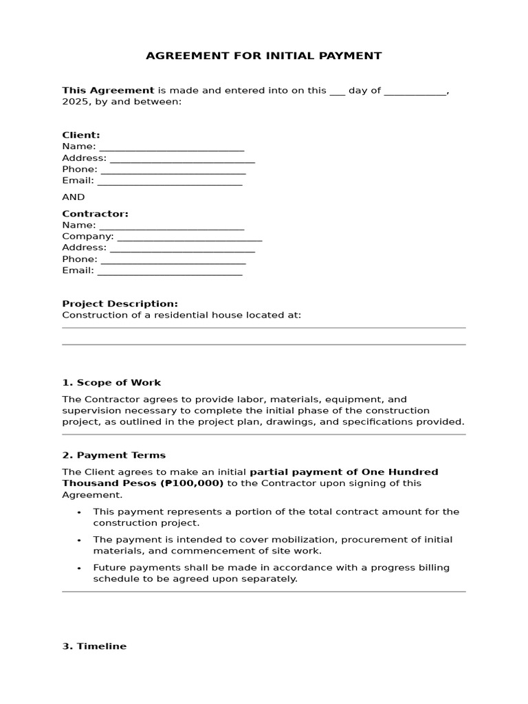 Initial Payment Construction Agreement | PDF | Receipt